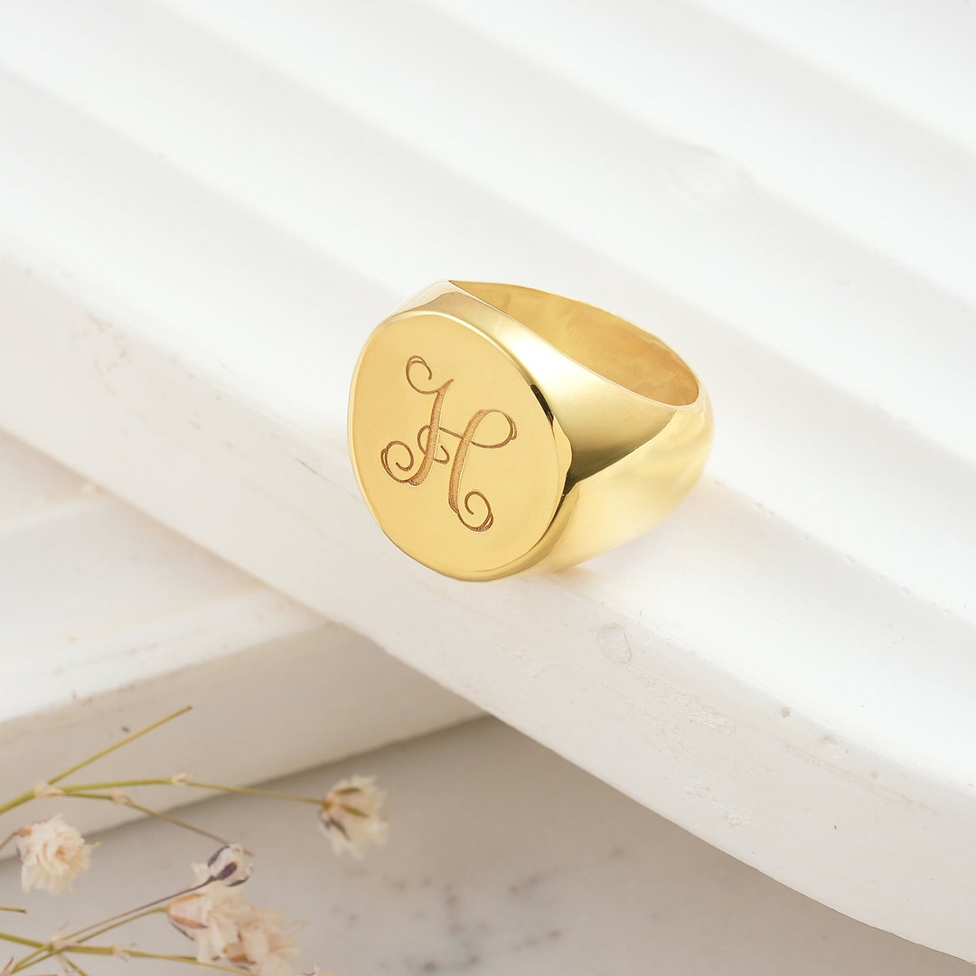 14k Gold Initial Signet Ring,personalized Monogram Ring,engraved Signet ...