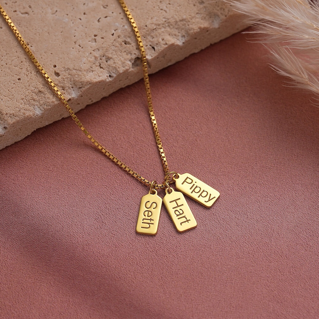 14k Gold Bar Tag Necklace, Gold Tag Initials Necklace in Box Chain ...
