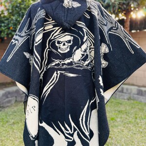 Santa Muerte Alpaca Wool Poncho Unisex With Hoodie and Wooden Buttons ...