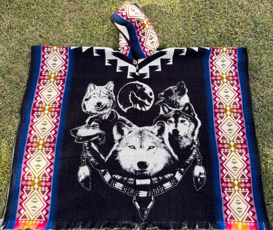 Adult Size Native Alpaca Wool Poncho. With Hoodie and Wooden Buttons ...