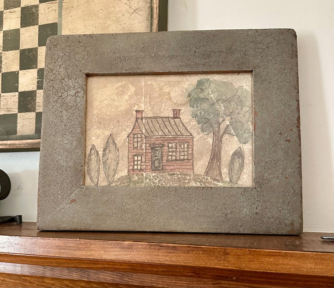 Folky Little House Painting in Handmade Painted Wood Frame. Under Glass ...