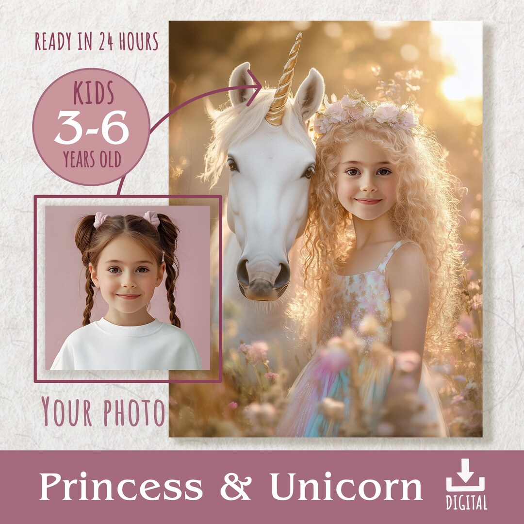 Custom Unicorn Princess Portrait From Photo, Personalized Fantasy ...