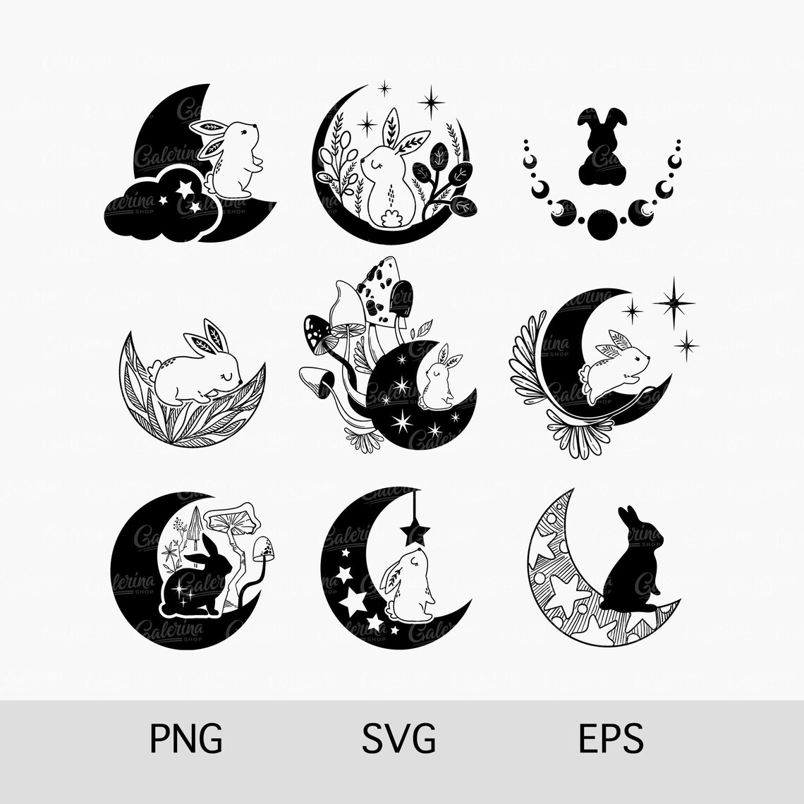 Moon Phase Rabbit SVG: Mystical Bunny Cut Files Silhouette, Sublimation ...