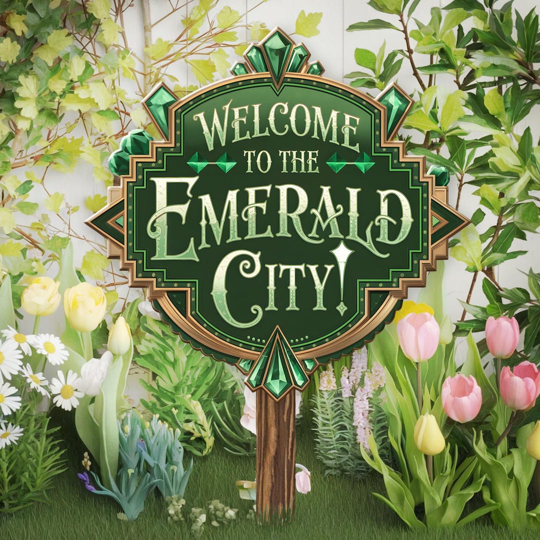 Emerald City Sign, Wizard of Oz Printable Party Decor, Green & Gold Vintage Garden Flag PNG ...