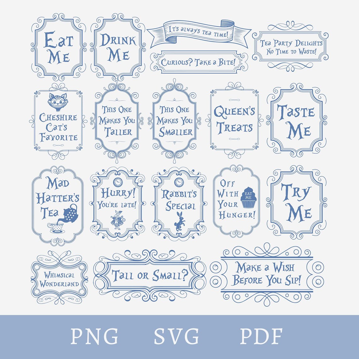 Alice in Wonderland Party Labels SVG, Eat Me Drink Me Tags PNG, Blue ...