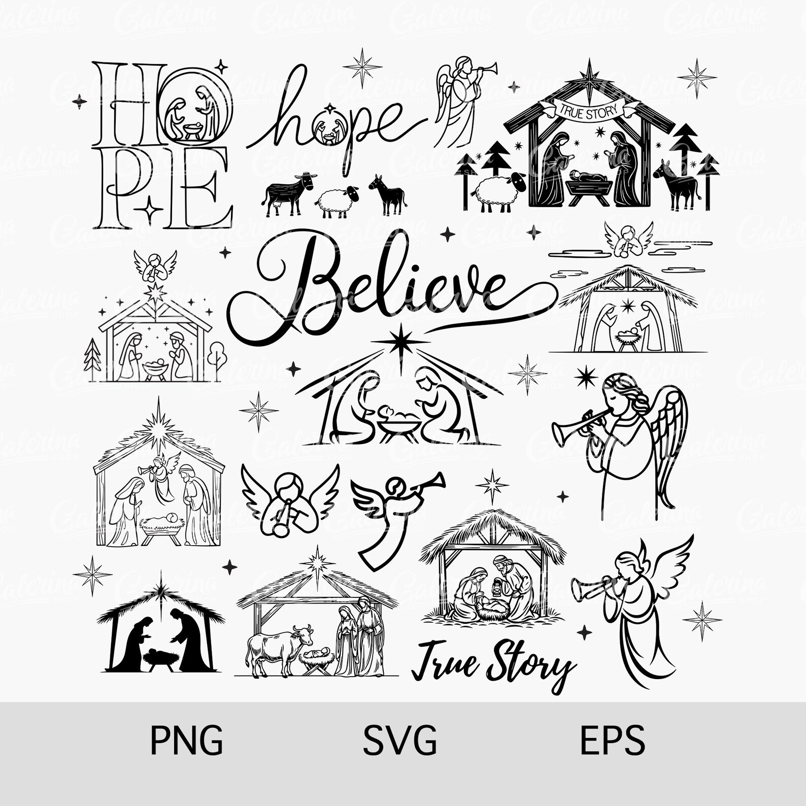 Nativity Scene SVG, Christmas Clipart PNG Bundle: Angels, Jesus, True ...