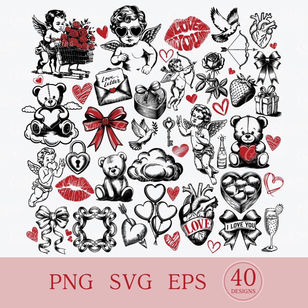 Valentine's Day SVG Bundle - 40 Romantic Cliparts: Cupid, Kisses ...