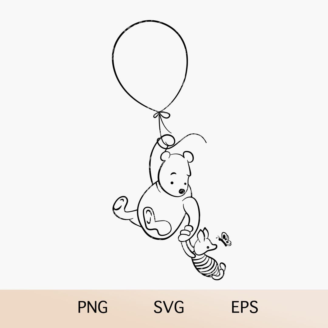 Winnie the Pooh SVG: Classic Pooh Flying With Balloon Line Art PNG ...