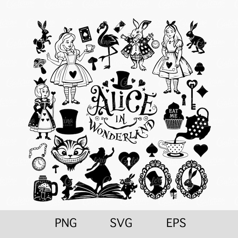 Alice in Wonderland Svg, Clipart, Bundle of 25 Cricut, Silhouette ...