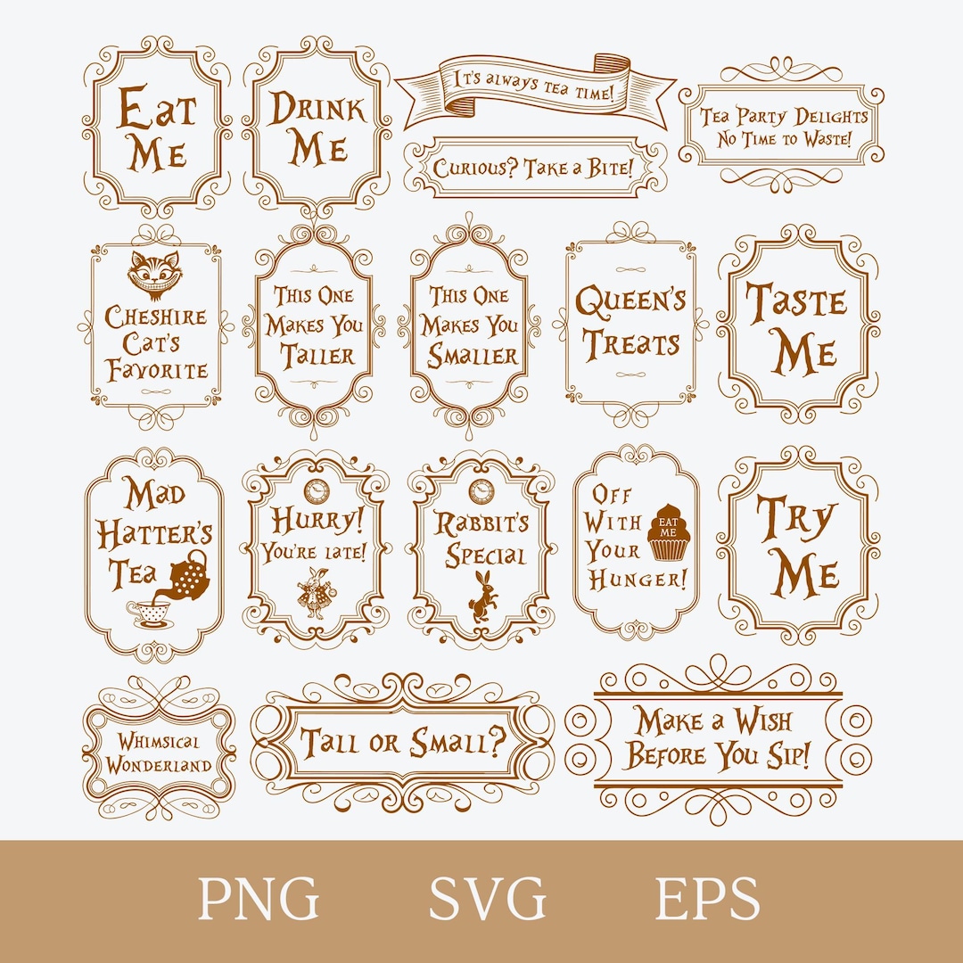 Alice in Wonderland Tea Party SVG Labels, Vintage Drink Me Eat Me PNG ...