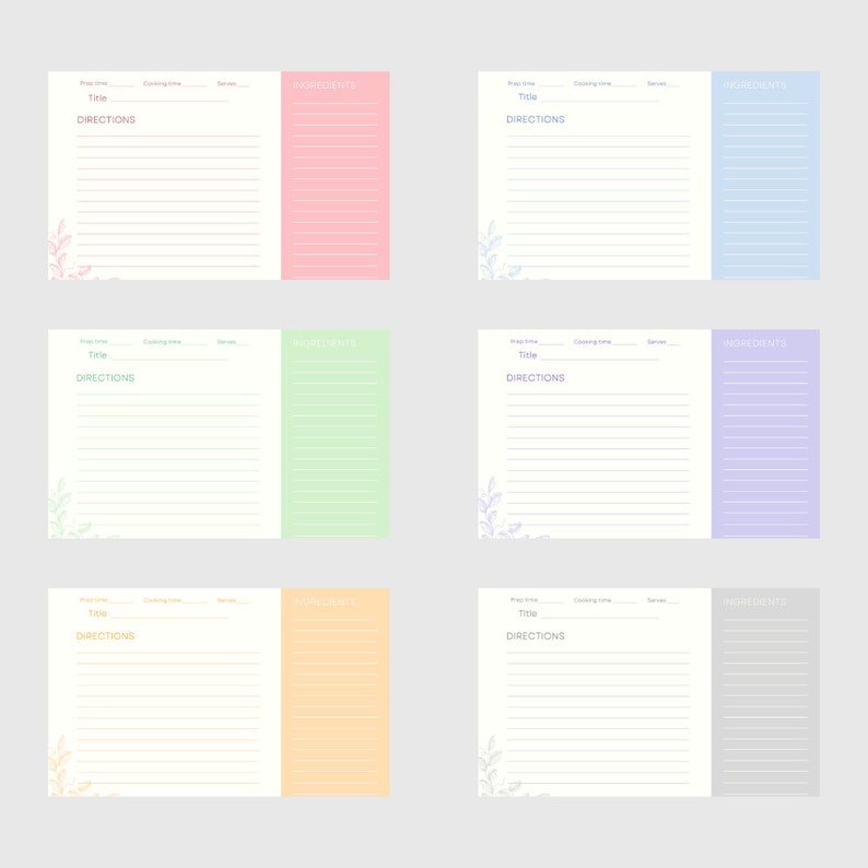 Spring-colored 4x6 Recipe Cards Digital Download 6 Color Options ...