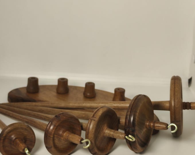 5 Walnut Drop Spindles With Display Stand | Complete Spinning Set ...