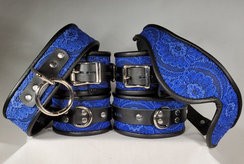 Restraint Set Wrists Ankles Collar Blindfold BDSM Leather & Sapphire ...