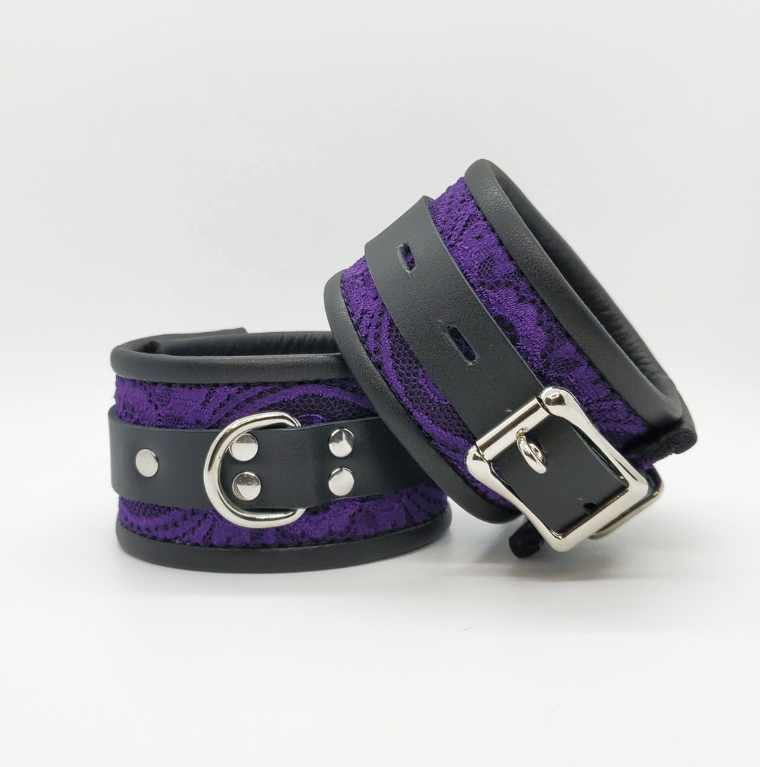 Wrist Cuffs Lockable BDSM Leather Bondage Restraints in Purple Lace - Etsy
