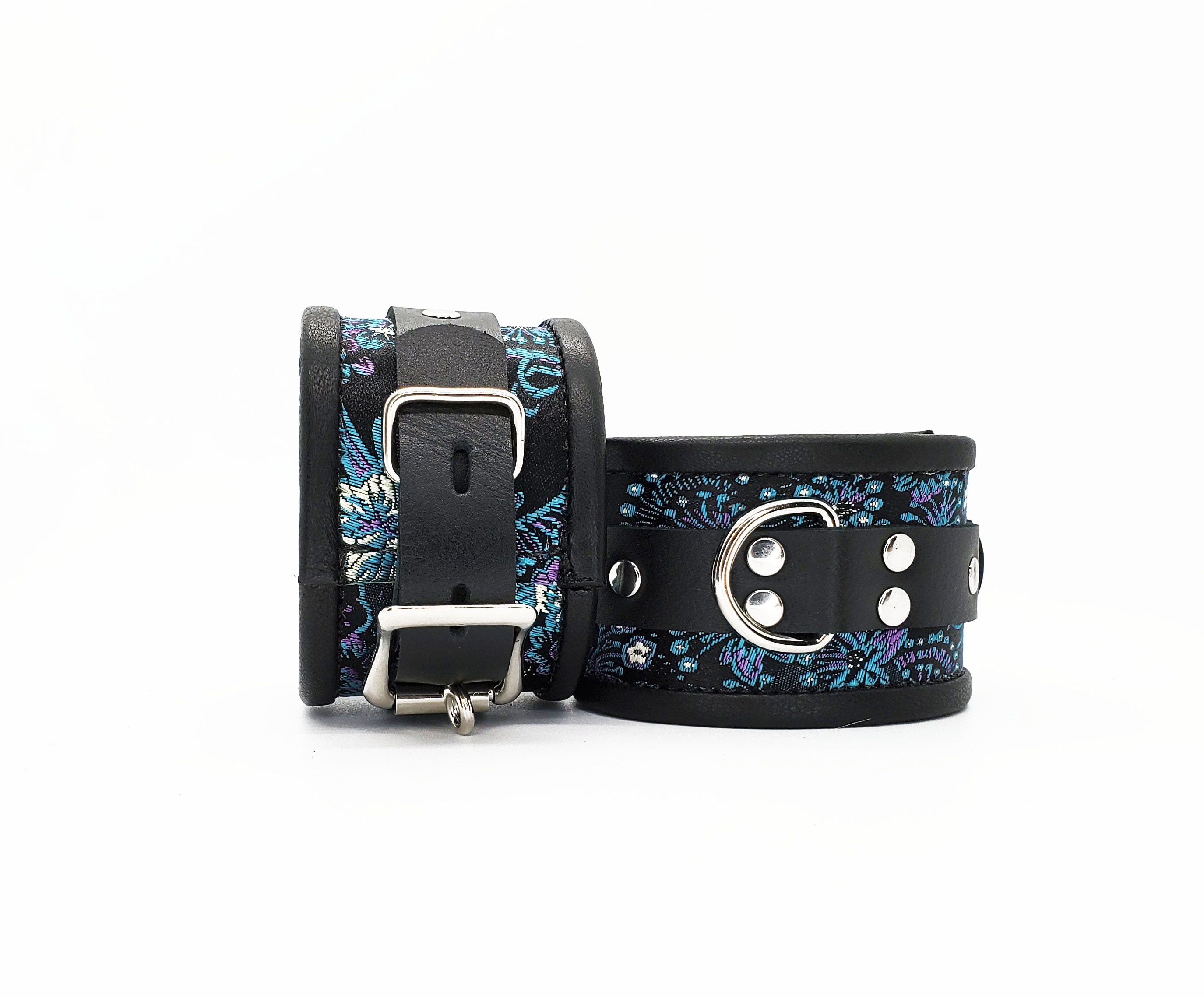 Wrist & Ankle Cuff Set Lockable BDSM Leather Bondage Restraints in Blue ...