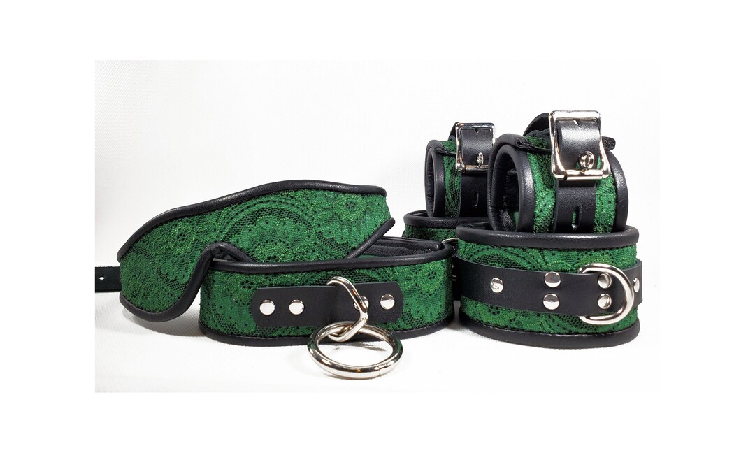 Restraint Set Wrists Ankles Collar Blindfold BDSM Leather & Kelly Green ...