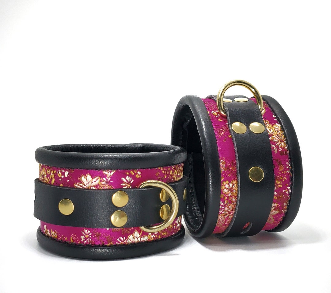 Wrist Cuffs Lockable BDSM Leather Bondage Restraints in Fuchsia Floral ...