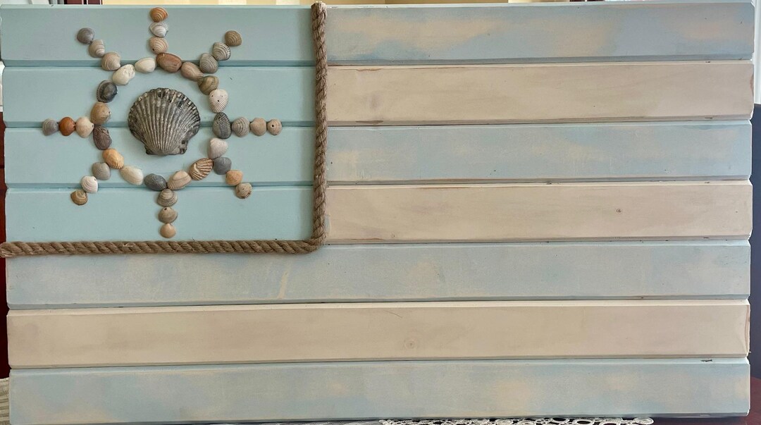 Nautical American Flag Wall Art – Coastal Seashell Decor With Rope ...