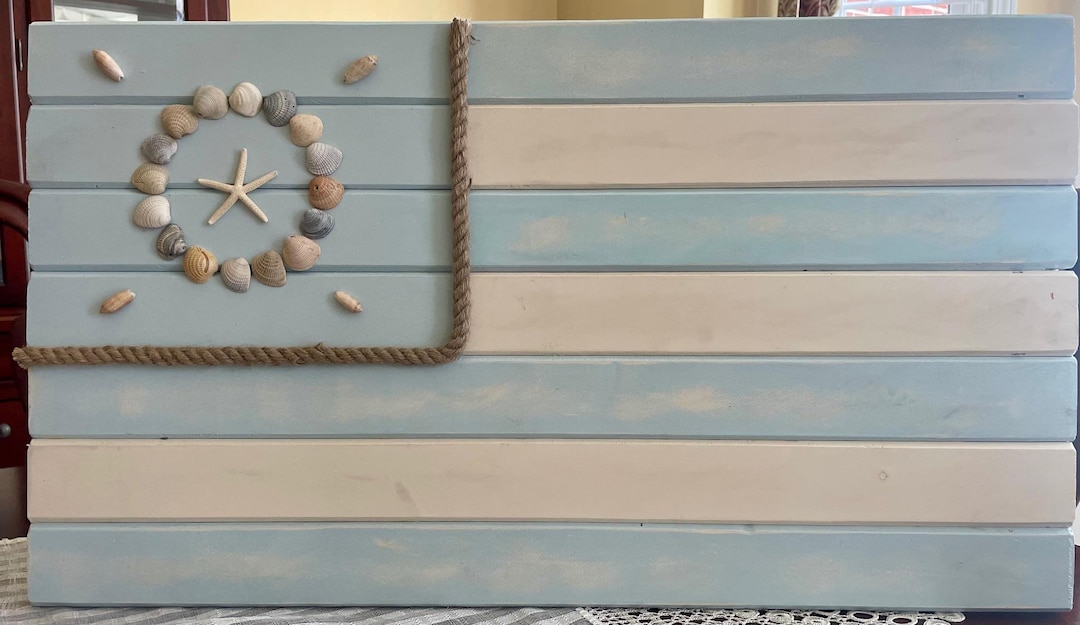 Coastal American Flag Wall Art – Nautical Seashell & Starfish Decor on ...