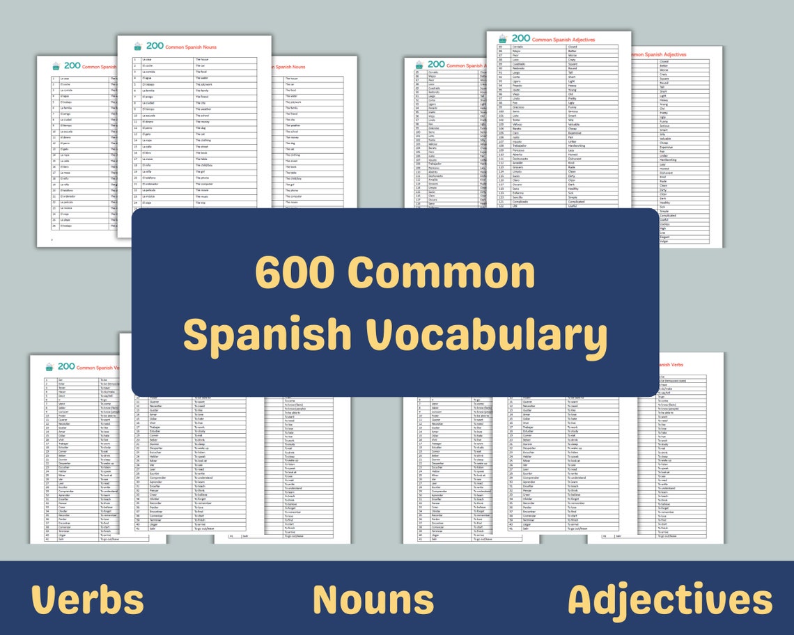 600 Common Spanish Vocabulary Bundle Spanish Essential Words Spanish ...