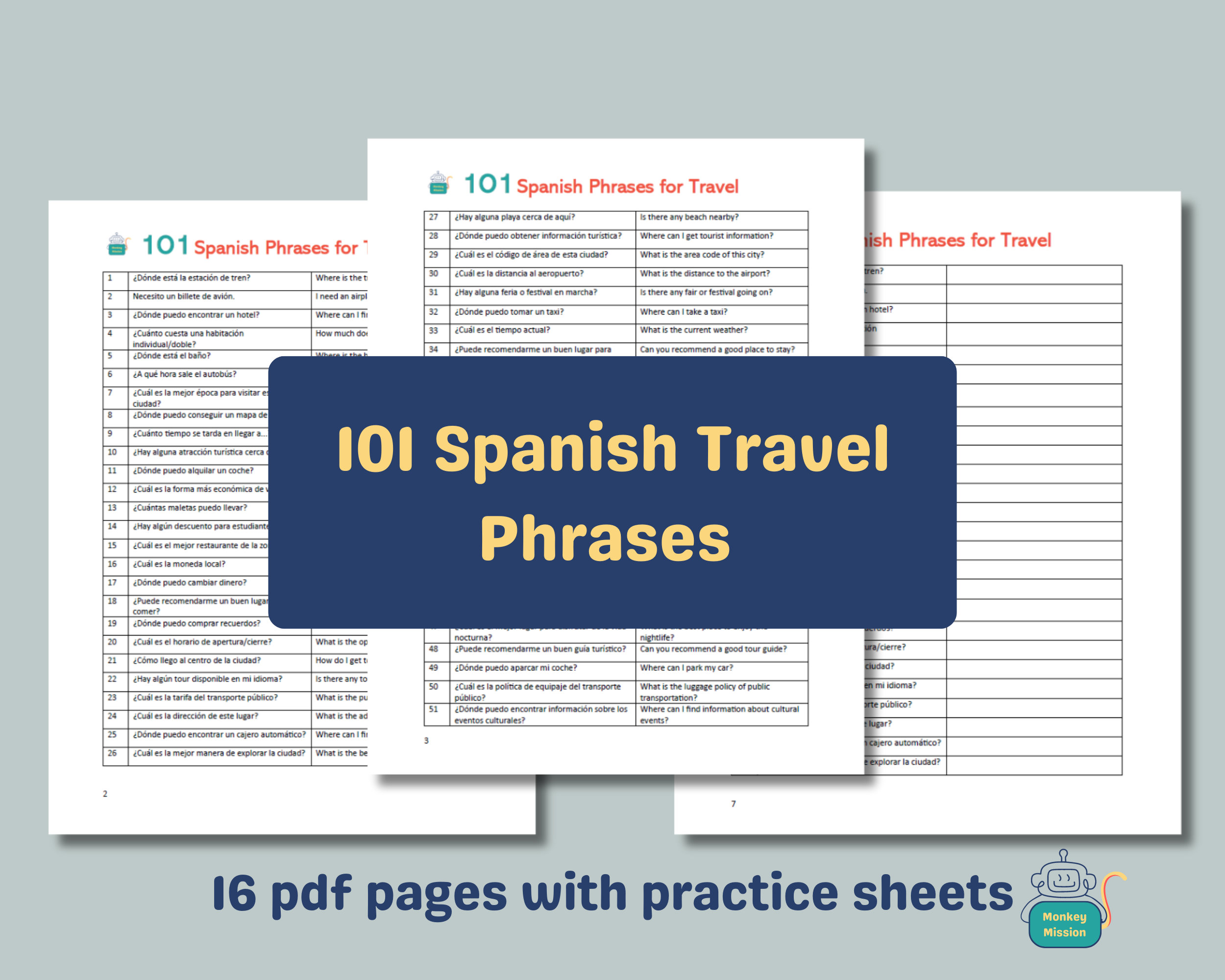 101 Spanish Travel Phrases With Translation and Practice Sheets - Etsy 101 Spanish Travel Phrases With Translation and Practice Sheets - Etsy