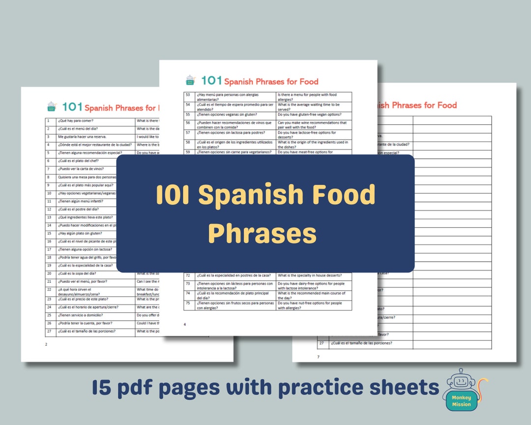 101 Spanish Food Phrases | Learn Spanish | Bilingual Phrases Worksheet ...