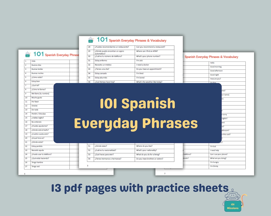 101 Spanish Everyday Essential Phrases & Vocabulary; Language Printable ...
