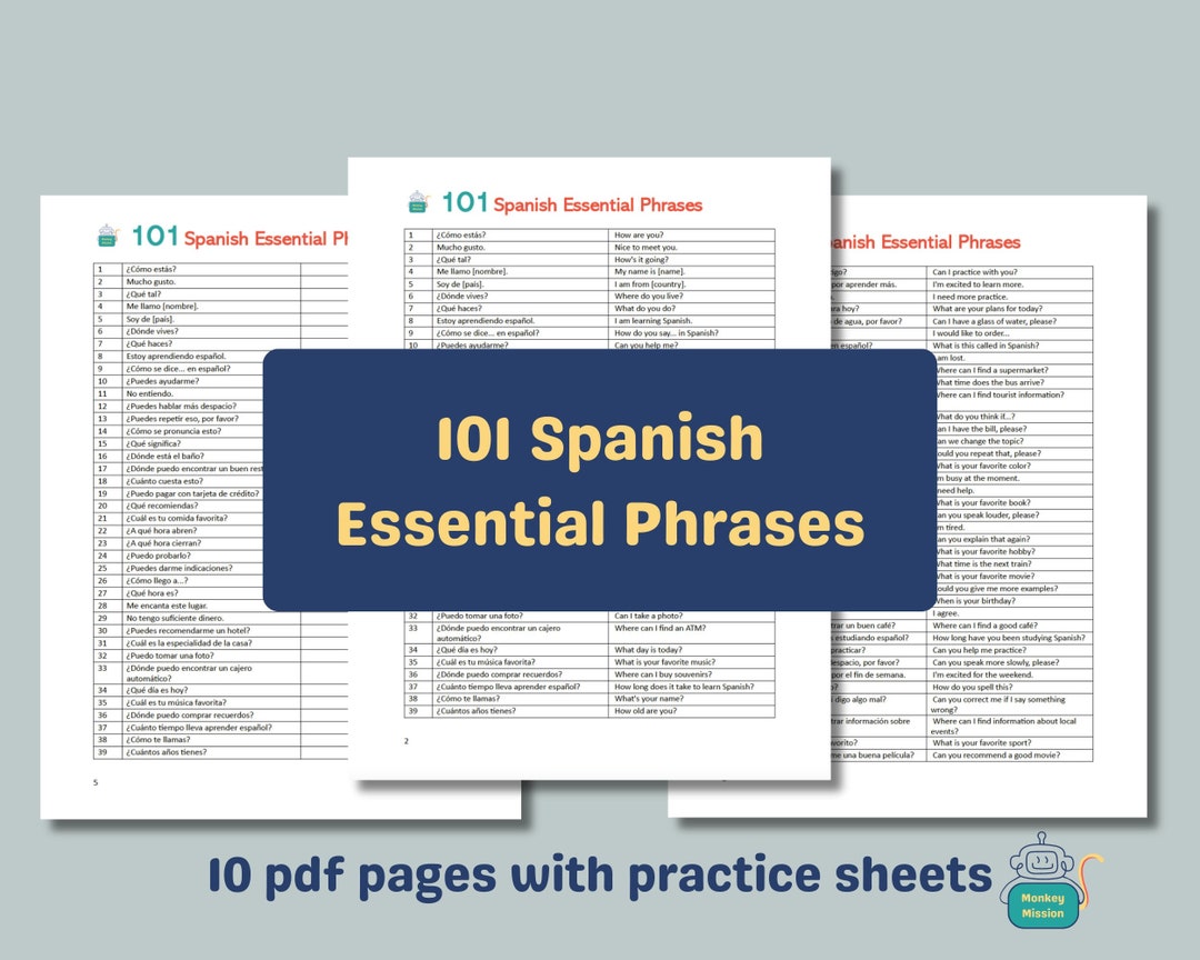 Learn 101 Spanish Essential Phrases With Practice Sheets - Etsy