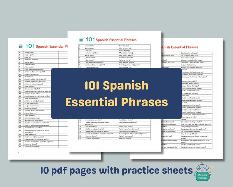 Learn 101 Spanish Essential Phrases With Practice Sheets Etsy