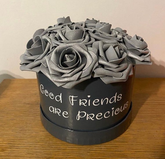 Artificial grey roses arrangement with personalised message | Etsy