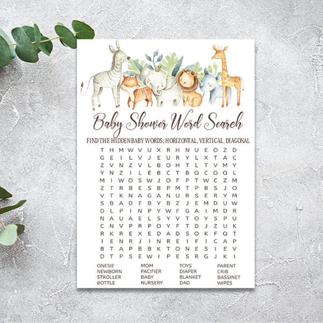 Safari Baby Shower Word Search Game, Cute Animals Baby Word Search ...