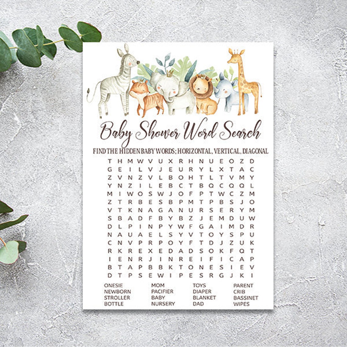 Safari Baby Shower Word Search Game Cute Animals Baby Word - Etsy