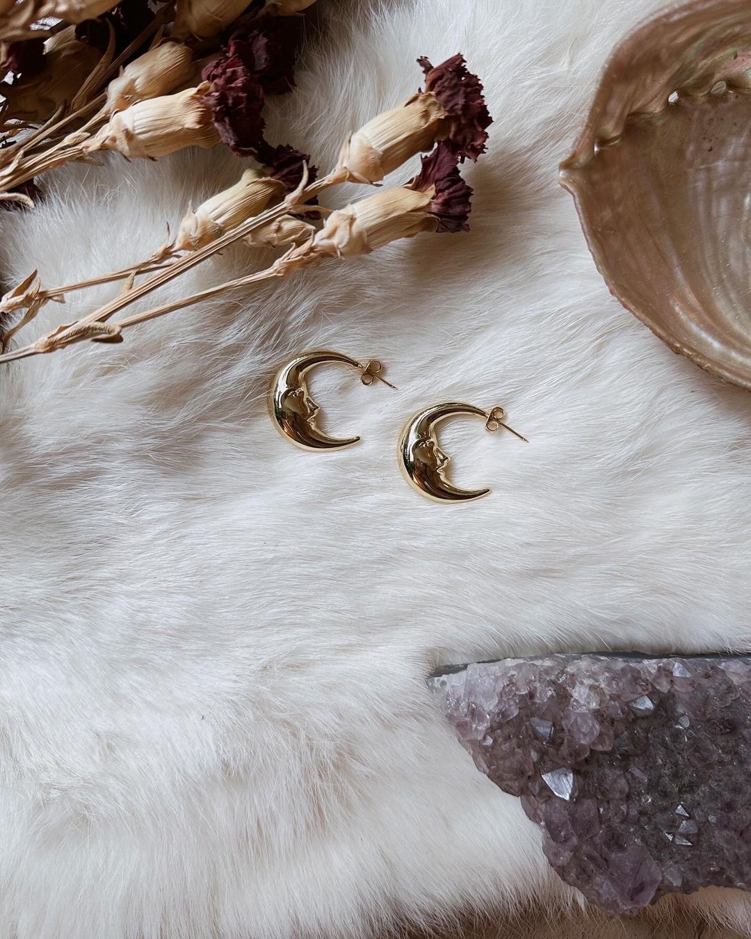 Copper 18k Gold Moon Face Earrings, Moon Stud, Moon Hoop Earrings - Etsy