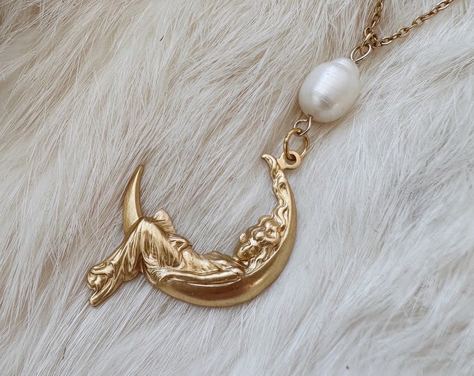 18k Gold Lady on the Moon Necklace, Aphrodite Necklace, Pearl Necklace ...