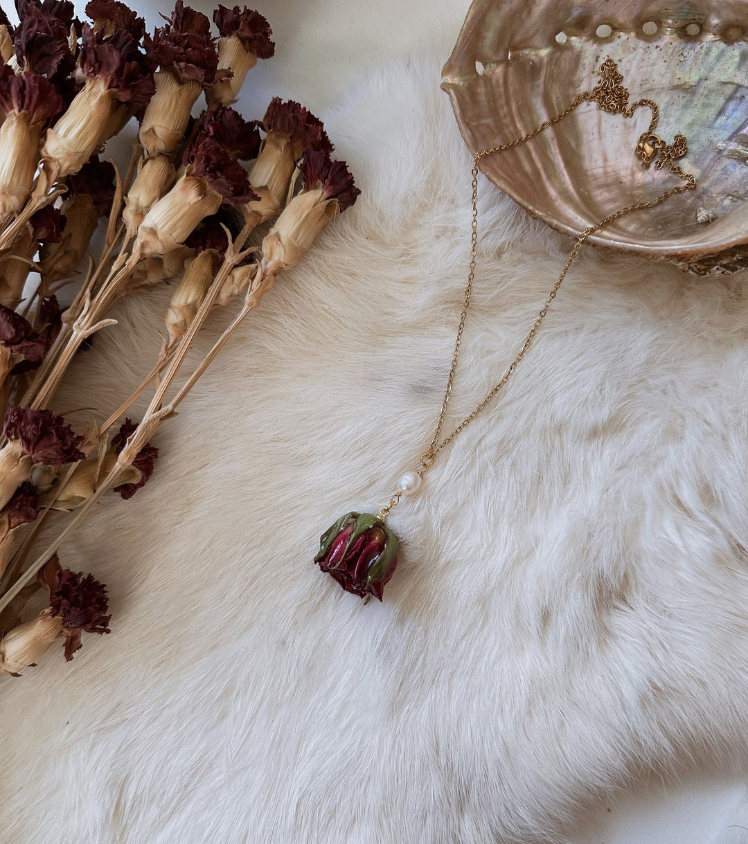 Aphrodite 18k Gold Real Preserved Rose Bud Freshwater Pearl Necklace ...