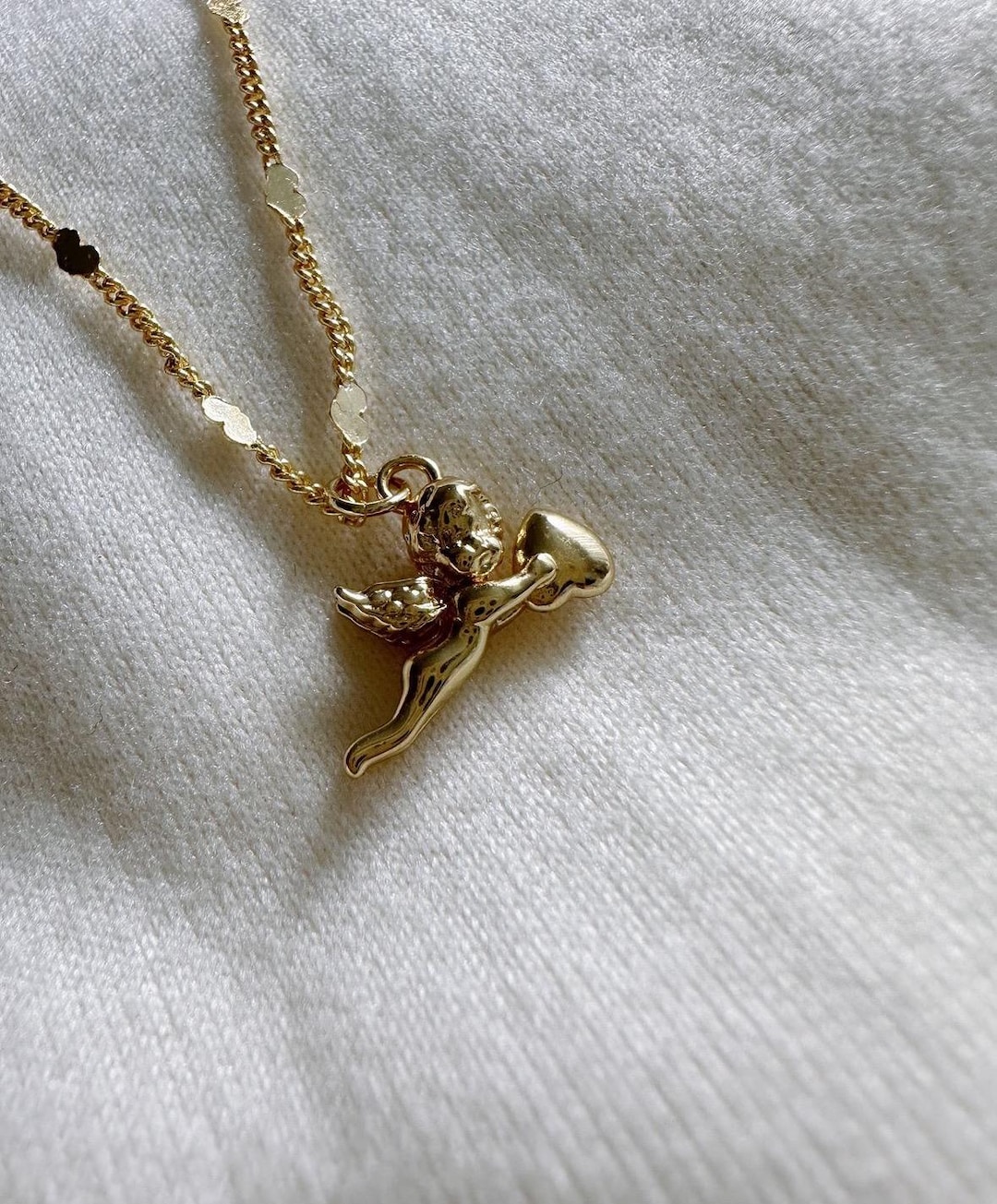 14k Little Cupid Heart Cherub Necklace, Cherub Necklace, Cupid Jewelry ...