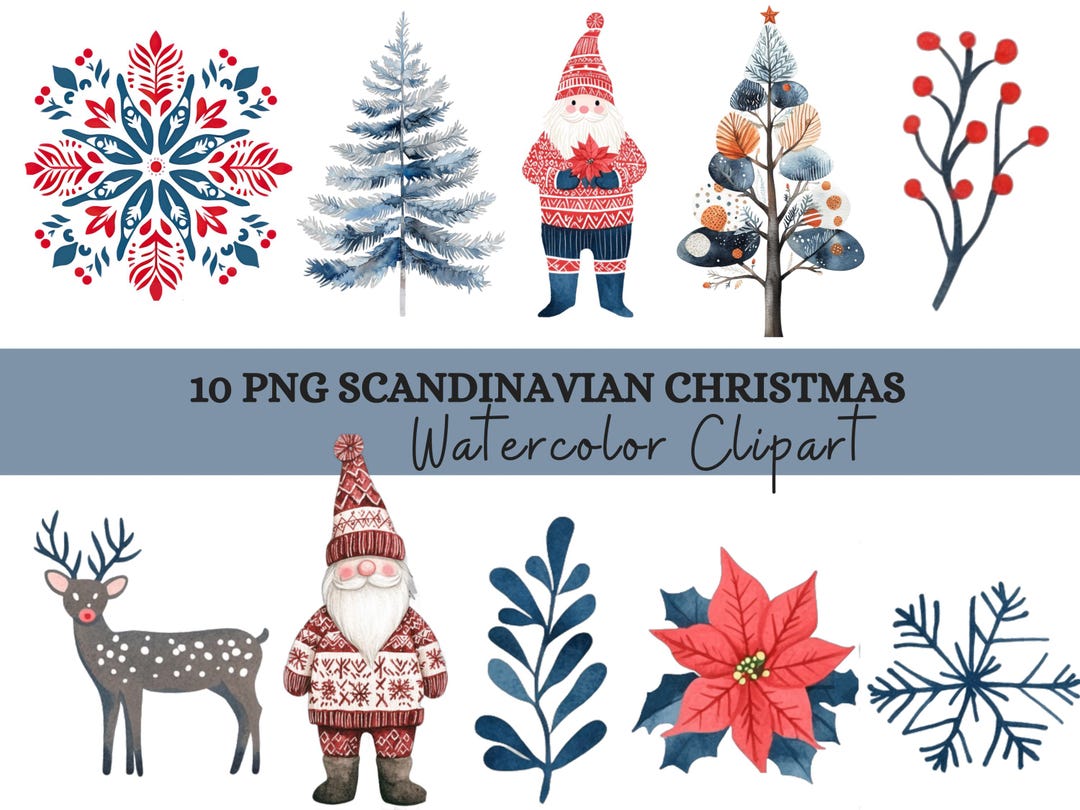 Scandinavian Christmas Watercolor Clipart 10 PNG Christmas Elements ...