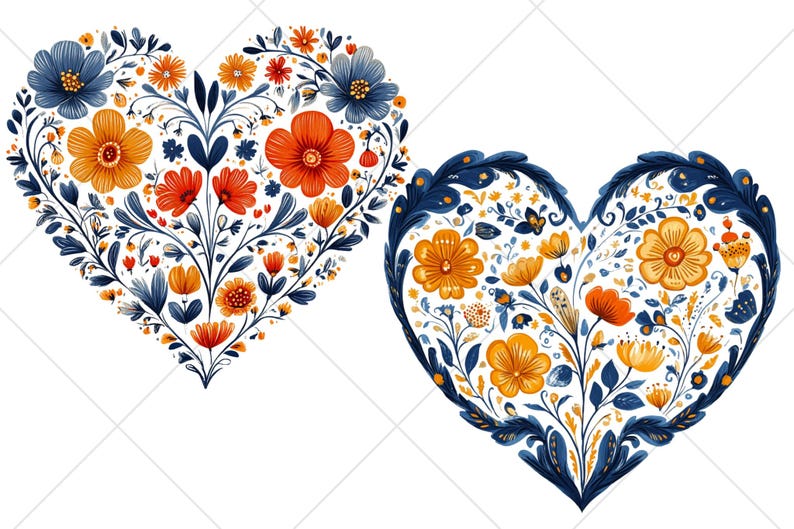 Scandinavian Valentine Clipart Set Folk Art Heart, Birds, and Deer ...
