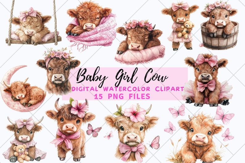 Baby Girl Highland Cow Watercolor Clipart PNG Bundle. Newborn Children ...