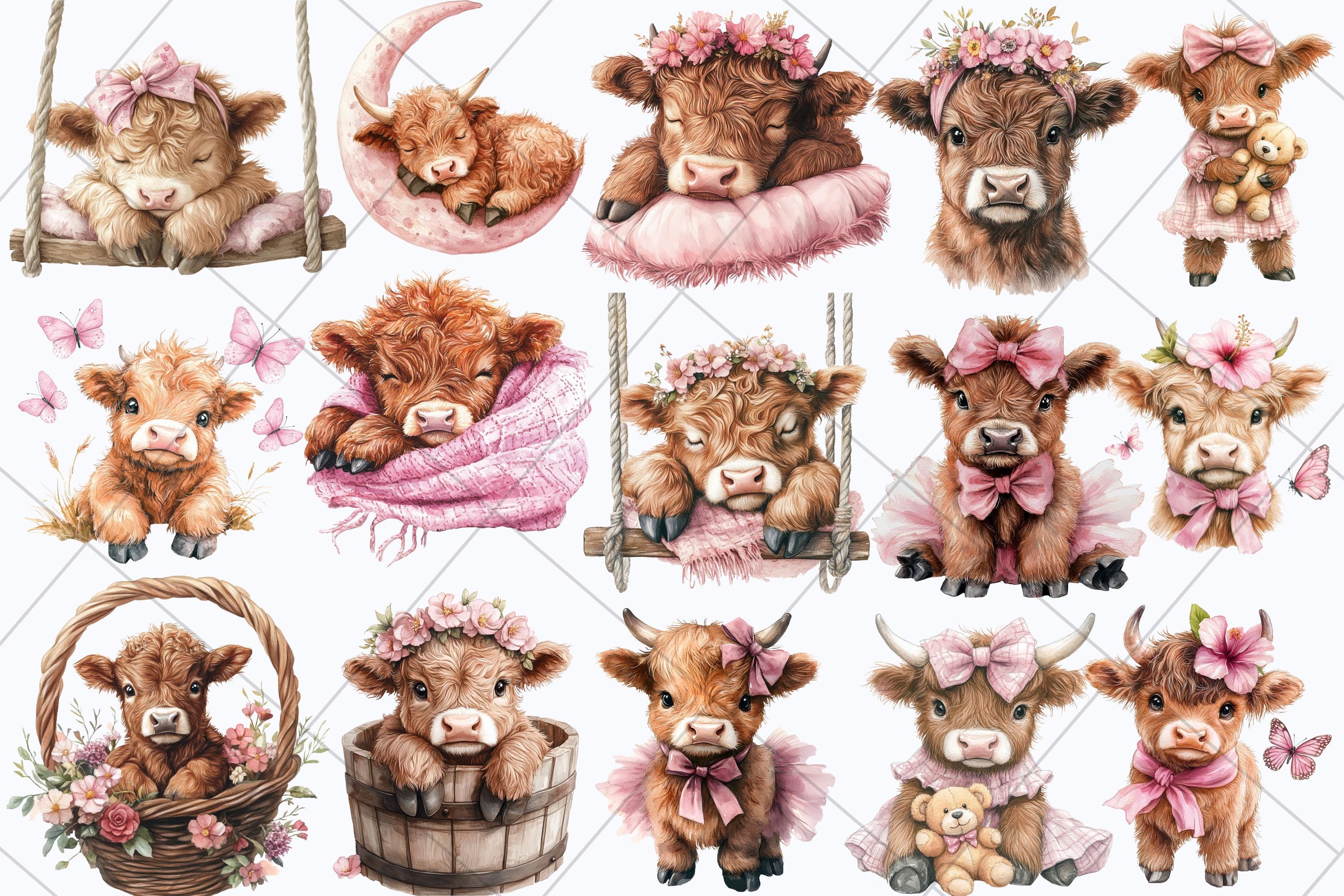 Baby Girl Highland Cow Watercolor Clipart PNG Bundle. Newborn Children ...