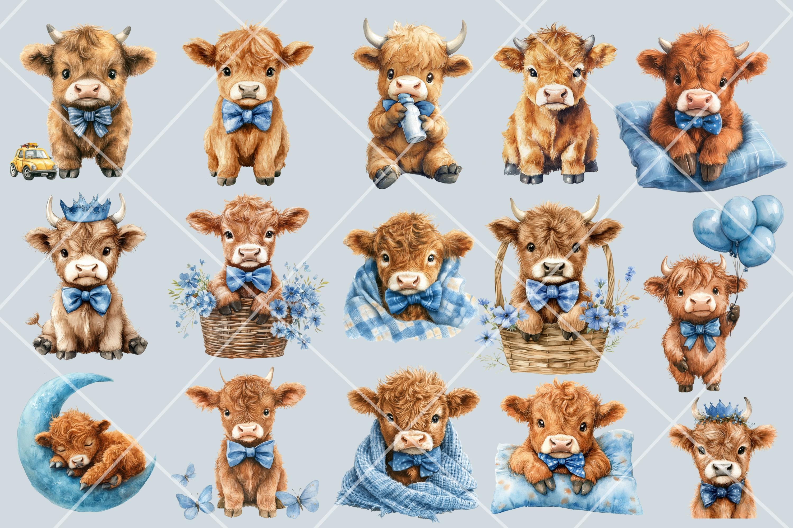 Baby Boy Highland Cow Watercolor Clipart PNG Bundle. Newborn Children ...