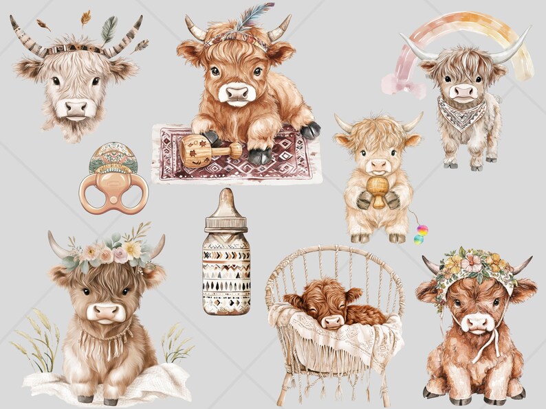 Boho Baby Highland Cow Watercolor Clipart PNG Bundle. Newborn Children ...