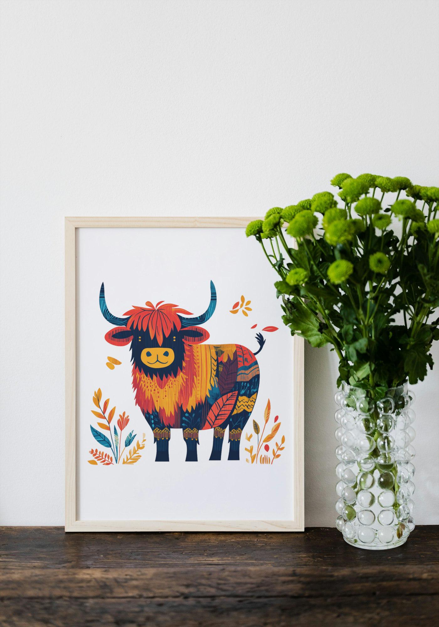 Scandinavian Highland Cow Clipart Set - Folk Art Highland Cow ...