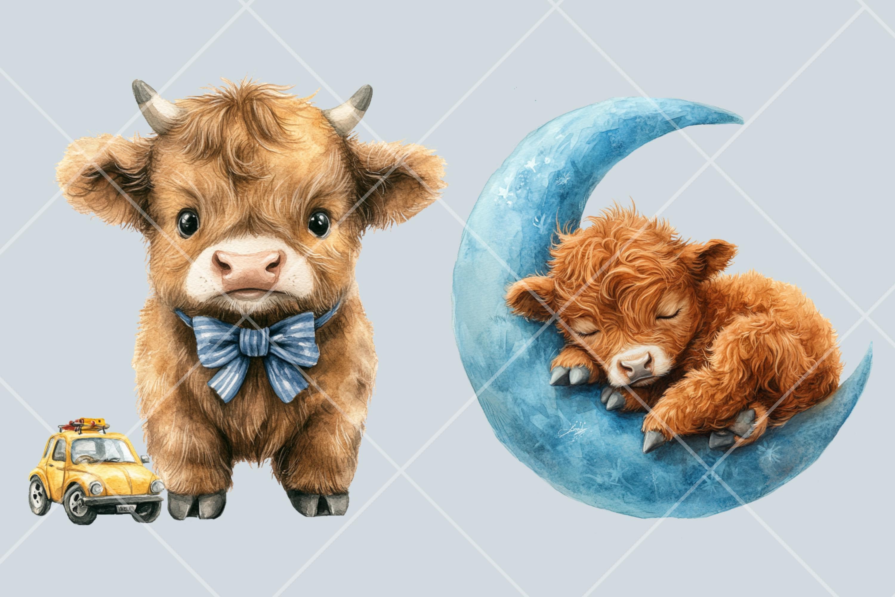 Baby Boy Highland Cow Watercolor Clipart PNG Bundle. Newborn Children ...