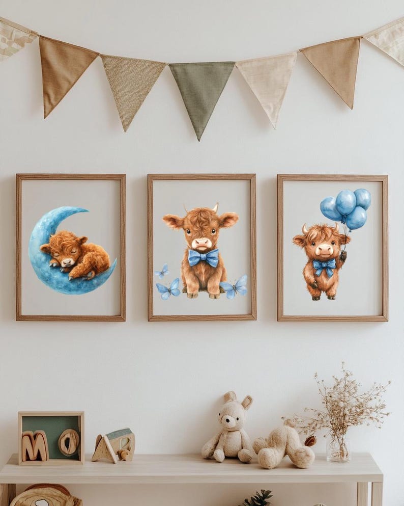 Baby Boy Highland Cow Watercolor Clipart PNG Bundle. Newborn Children ...