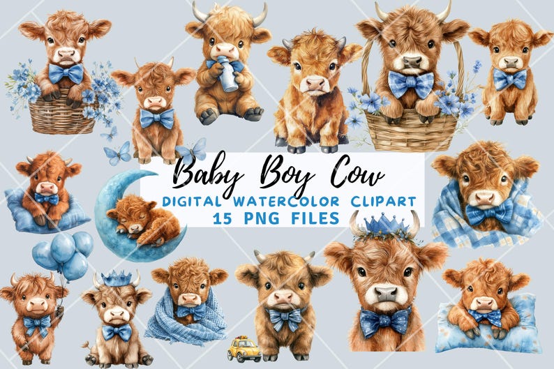 Baby Boy Highland Cow Watercolor Clipart PNG Bundle. Newborn Children ...