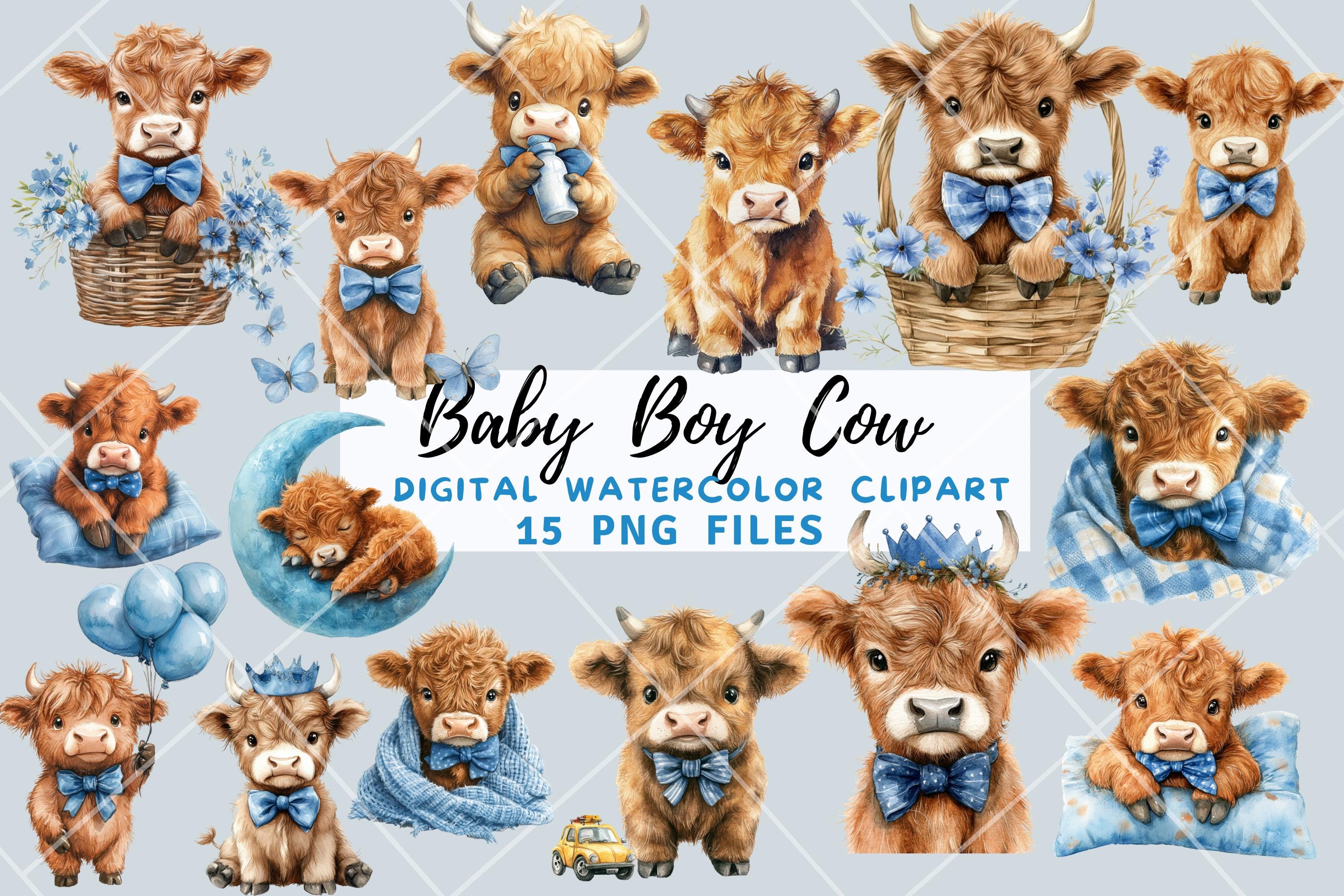 Baby Boy Highland Cow Watercolor Clipart PNG Bundle. Newborn Children ...