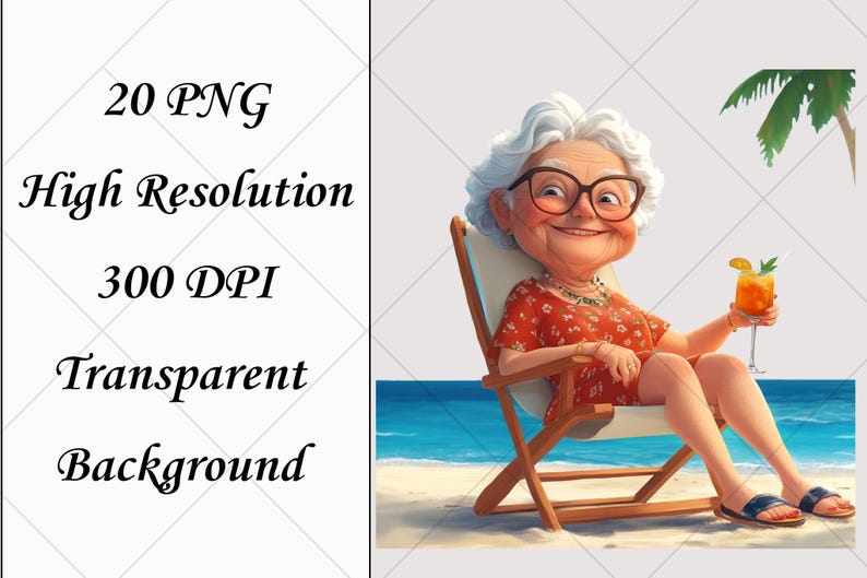 Quirky Old Lady Beach Scene- 20 PNG Funny Comics, Crazy Grandma Cartoon ...