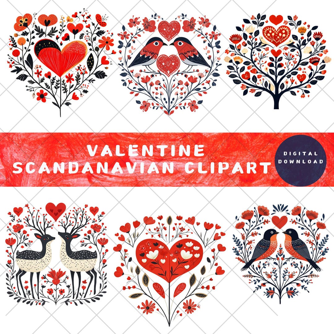 Scandinavian Valentine Clipart Set - Folk Art Heart, Birds, and Deer ...