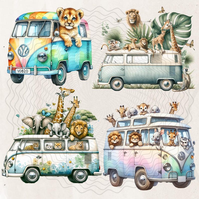 Cute Watercolor Retro Camper Van Clipart Bundle With Safari Animals ...